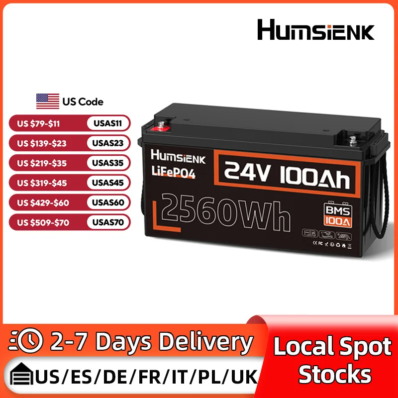 Humsienk LiFePO4 24V 100AH Lithium Iron Phosphate Battery 100A BMS For ...