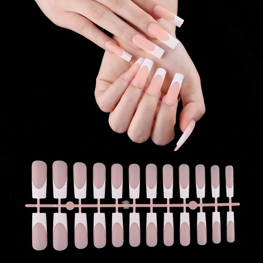 24pcs Bag French False Nails Frosted Press On Fake Nail Tips Full Cover