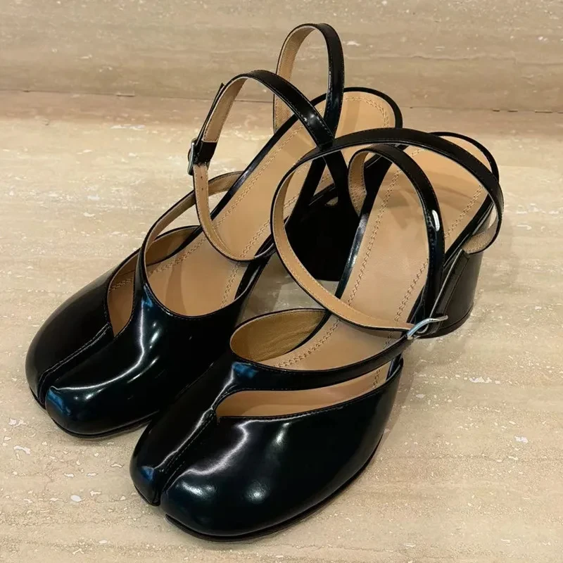 Designer Split Toe Patent Leather Chunk Heeled Sandals Women Fashion ...