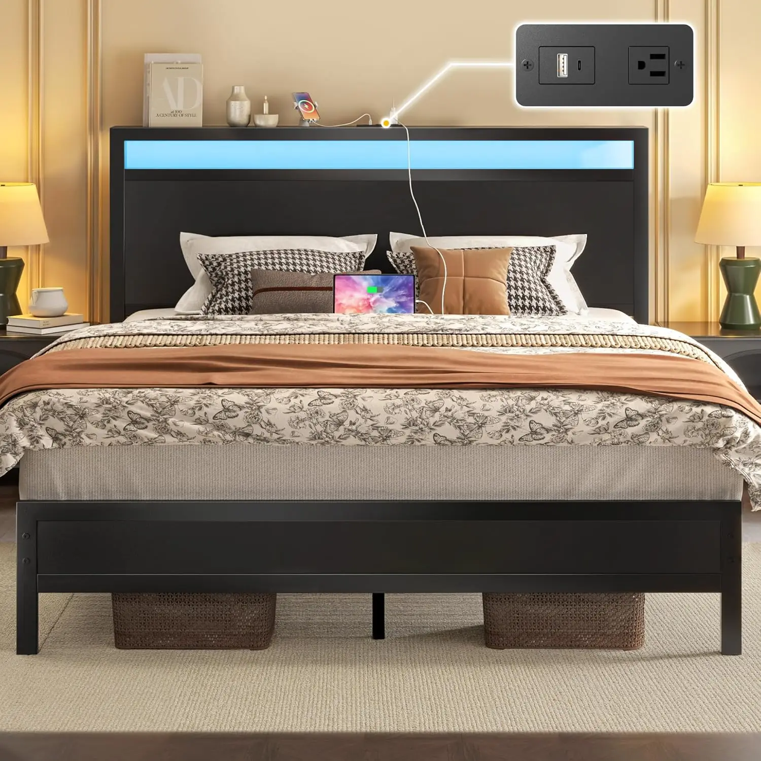 Queen Bed Frame with LED Lights, Charging Station, Storage Shelf, Noise ...