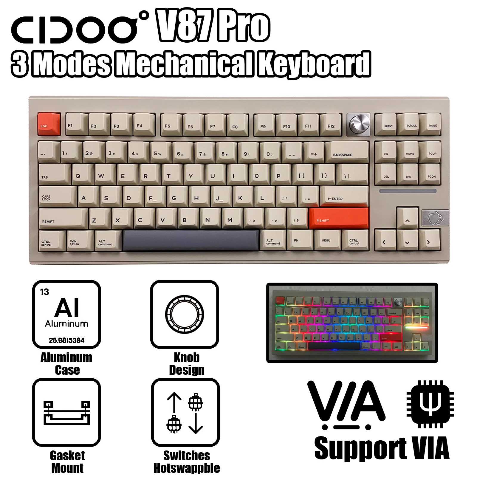Cidoo V87 PRO 무선 기계식 키보드, TKL VIA 프로그래밍 가능 80% 레이아웃, 알루미늄 노브, 3 가지 모드 ...