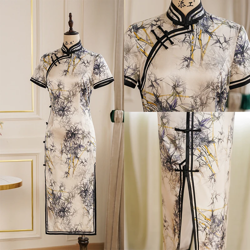 Print Floral Silk Cheongsam Long Slim Mandarin Collar Cheongsam for ...