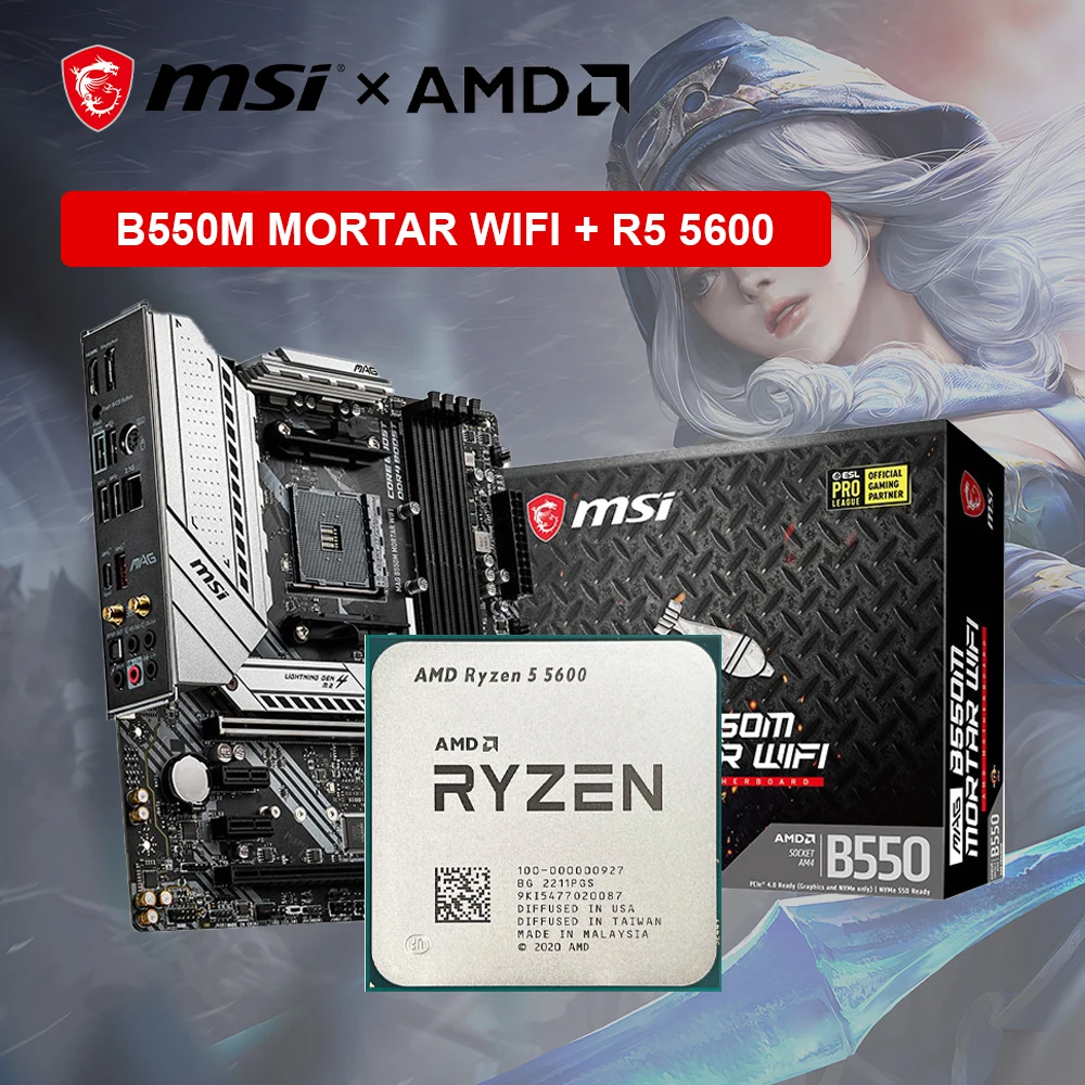 Msi novo mag b550m argamassa wi fi placa mãe + amd ryzen 5 5600 r5 5600 processador central ...