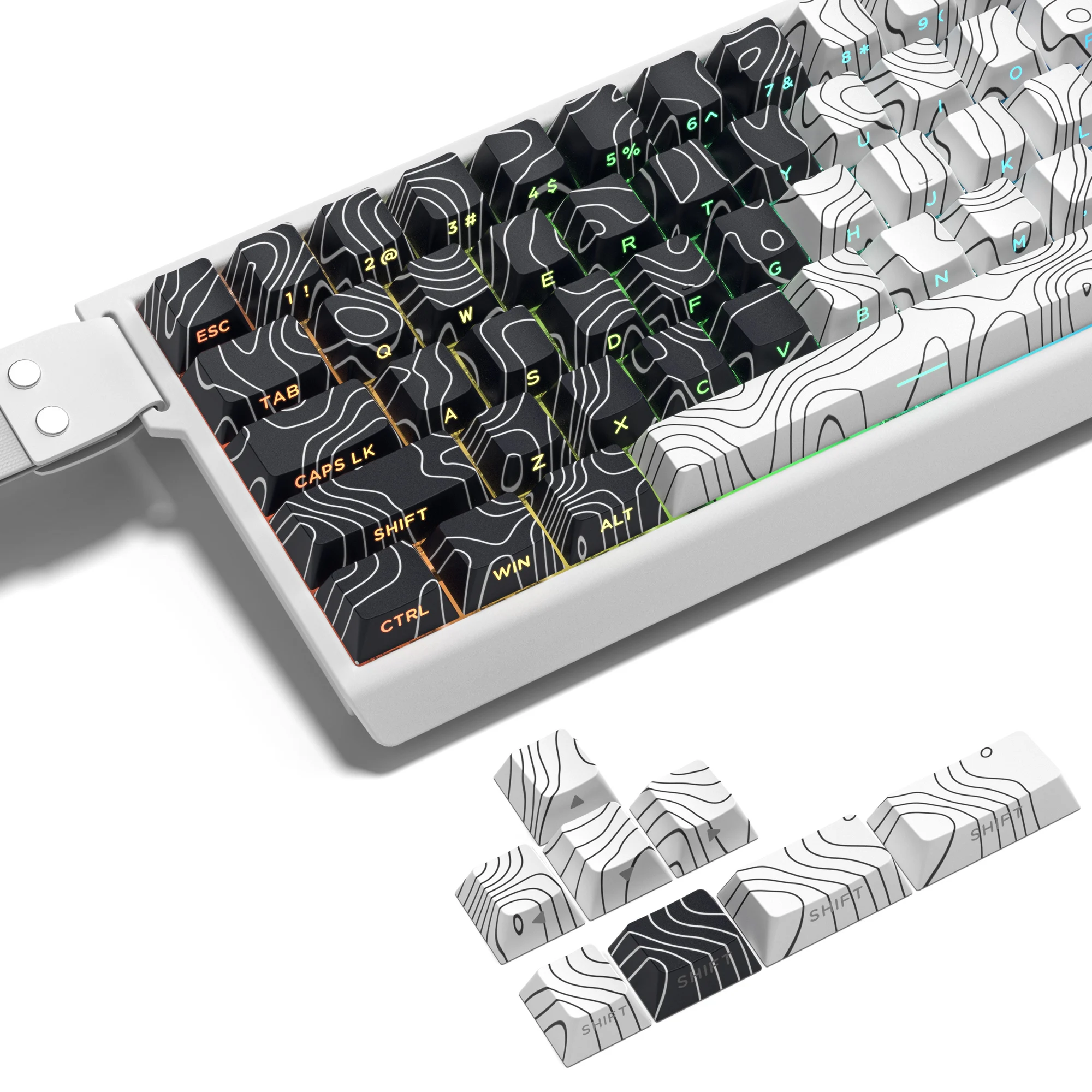 136-Keys-Black-White-Topographic-Side-Print-5-Side-Dye-Sub-PBT-Keycap ...