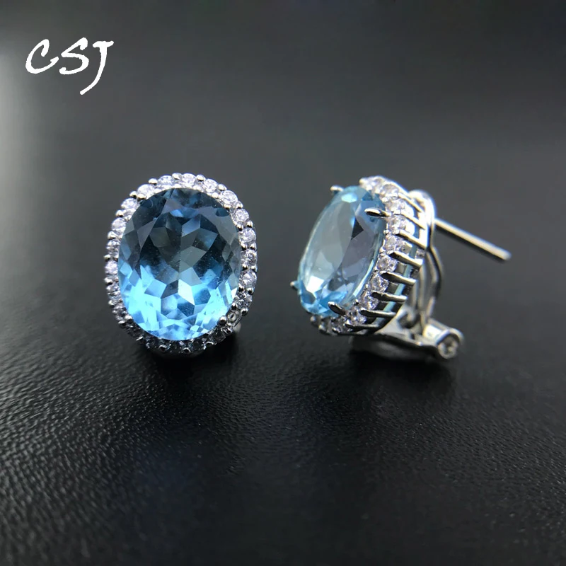CSJ-pendientes de Topacio azul Natural para mujer, GEMA de Plata de Ley ...