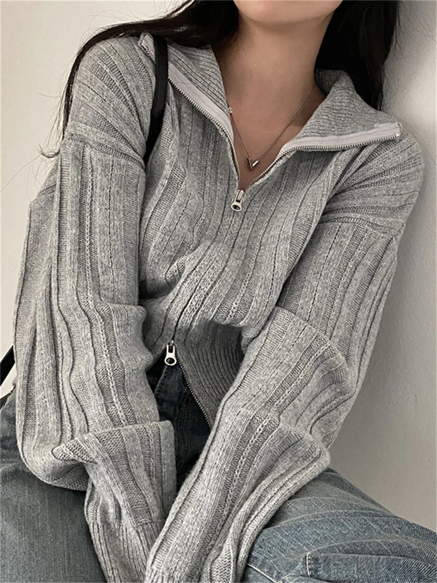 Zipper Tops Women Chic Full Sleeve Autumn Winter 2022 New Solid Slim ...