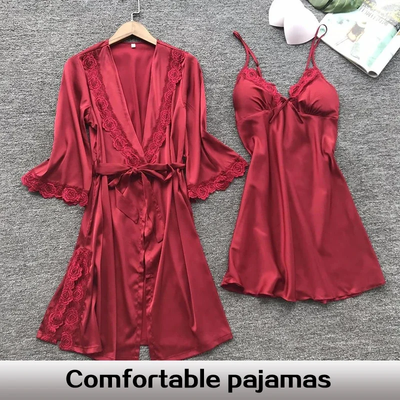 Conjunto-de-pijamas-de-sat-n-para-mujer-bata-de-encaje-con-cuello-en-V ...