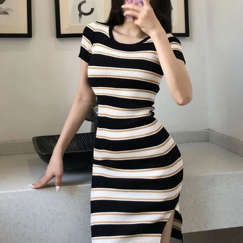 Women-s-Crew-Neck-Dress-Side-Slit-Design-Short-sleeved-Hip-Wrap-Striped ...