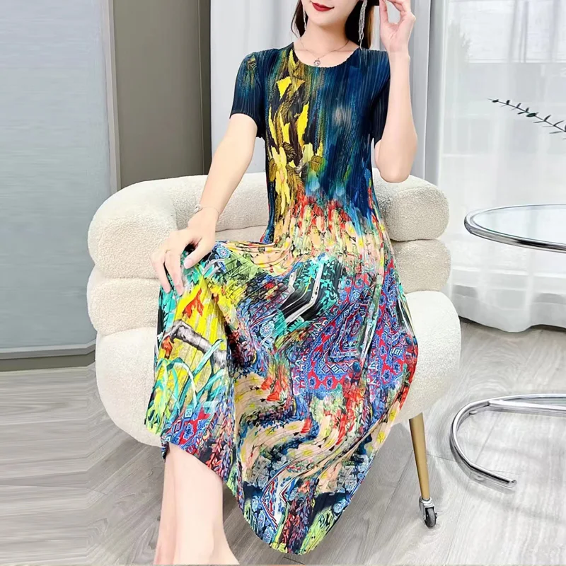 Vestido-estampado-de-seda-para-mujer-prenda-de-manga-corta-con-cuello ...