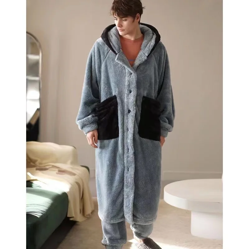 Winter-Warm-Pajamas-Sets-For-Men-Hooded-Long-Bathrobe-Suits-Elastic ...