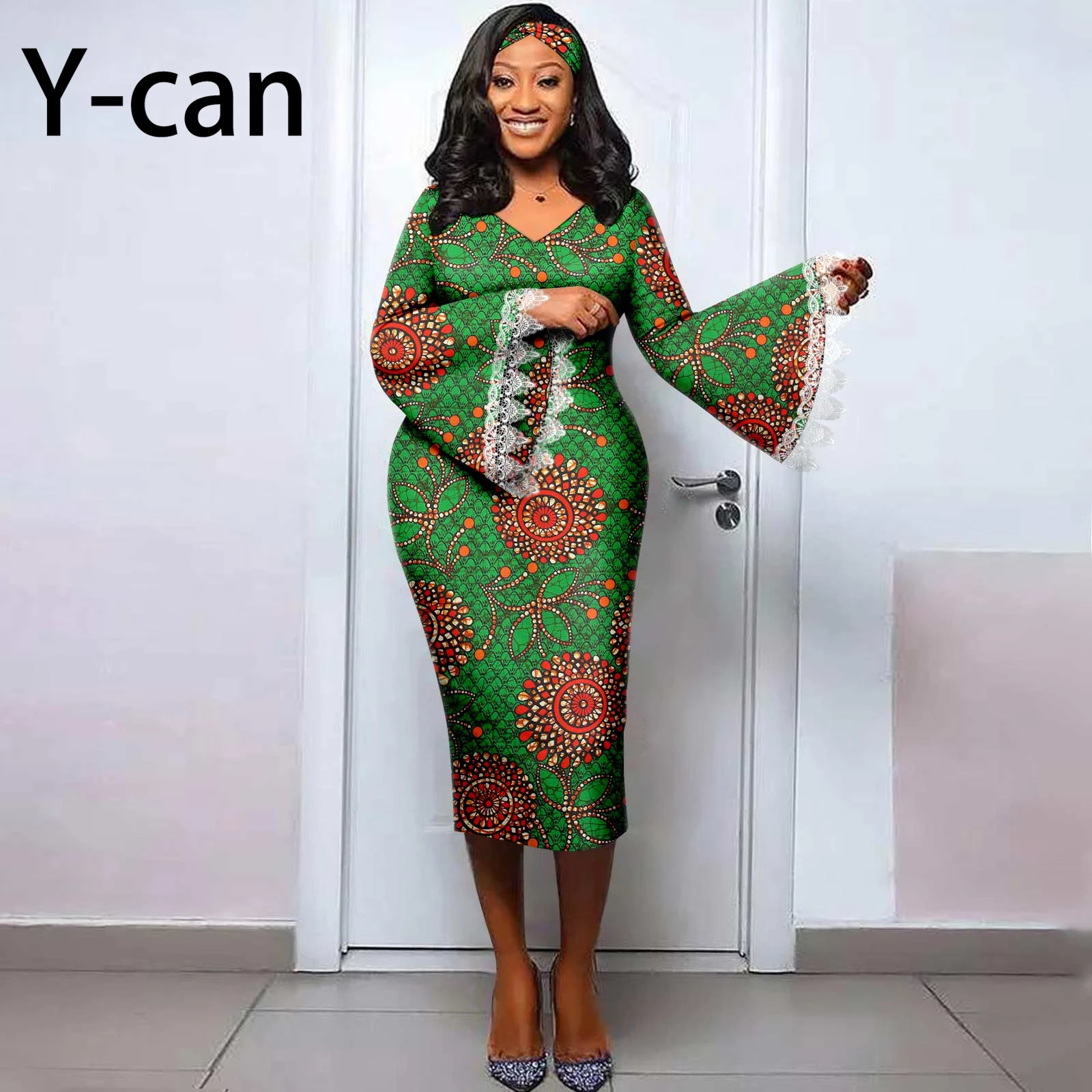 African Fabric Dresses for Women Dashiki Summer V neck Lace Sleeve with ...