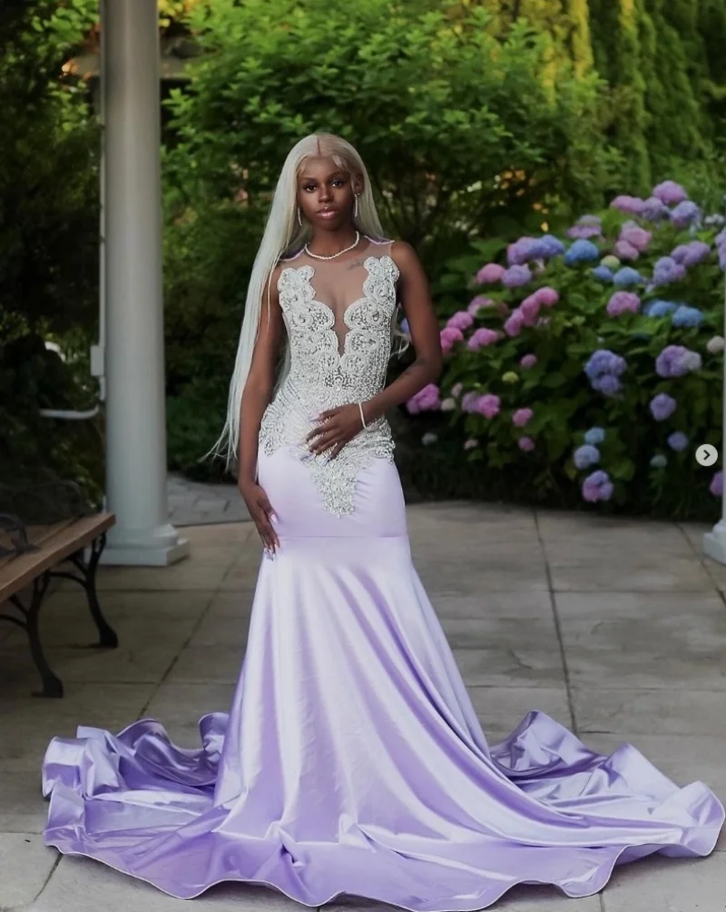 Lilac-Crystal-Mermaid-Prom-Dresses-Long-for-Women-2025-Satin-Crew ...