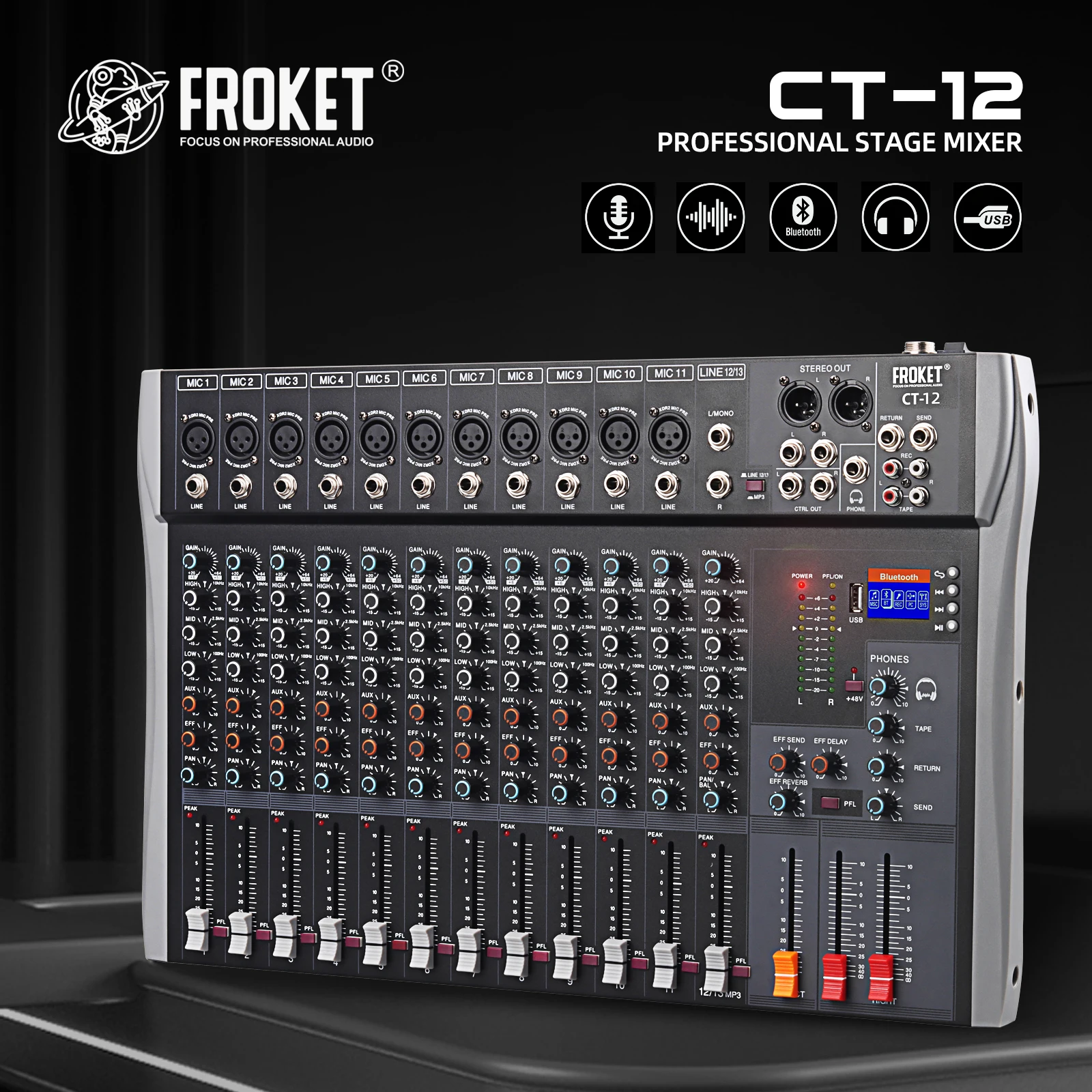 Froket CT-Series DSP Professional Audio Mixer with Bluetooth USB DJ ...