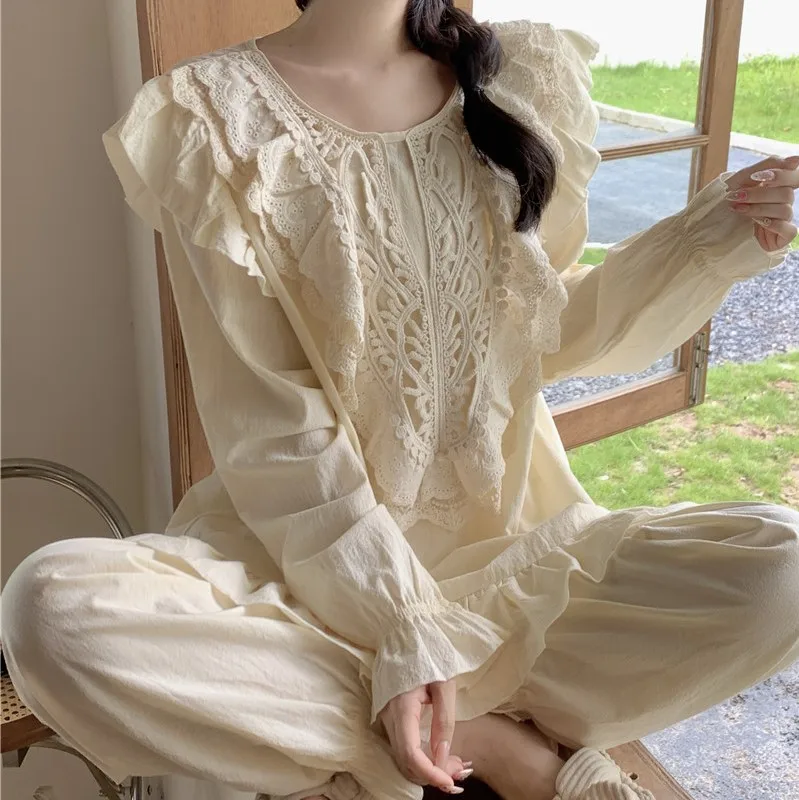 Spring-Autumn-100-Cotton-Lace-Sleepwear-Sweet-Ruffle-Women-Long-Sleeve ...