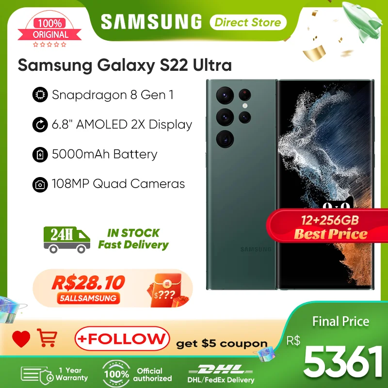 Original Samsung Galaxy S22 Ultra Smartphone Sm-s9080 Snapdragon 8 Gen 1 Telefone Android 12 6.8 ...