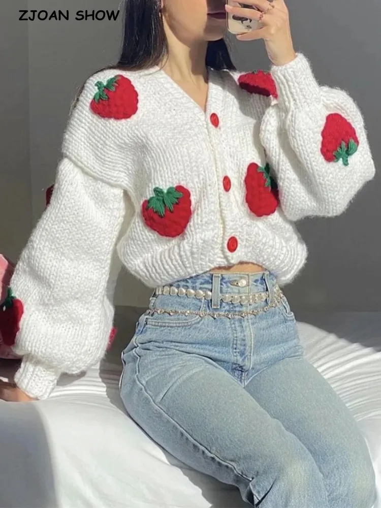 2022-Sweet-3D-Fruit-Hand-Made-Crochet-White-Cardigan-Sweater-Retro ...