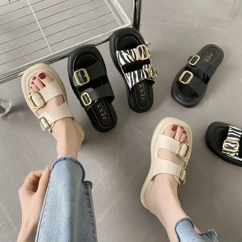 double metal buckle belt slippers women square open toe platform ...
