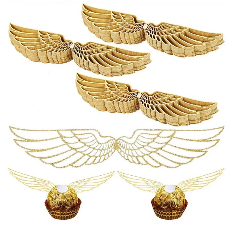50Pcs-Gold-Wings-Chocolate-Cake-Party-Decoration-Wizard-Topper-Hollowed ...