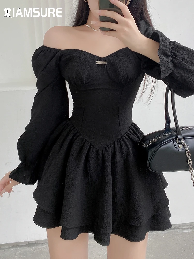 Iamsure Autumn Spring A-line Dress Sexy Slim Solid Square Collar Puff ...