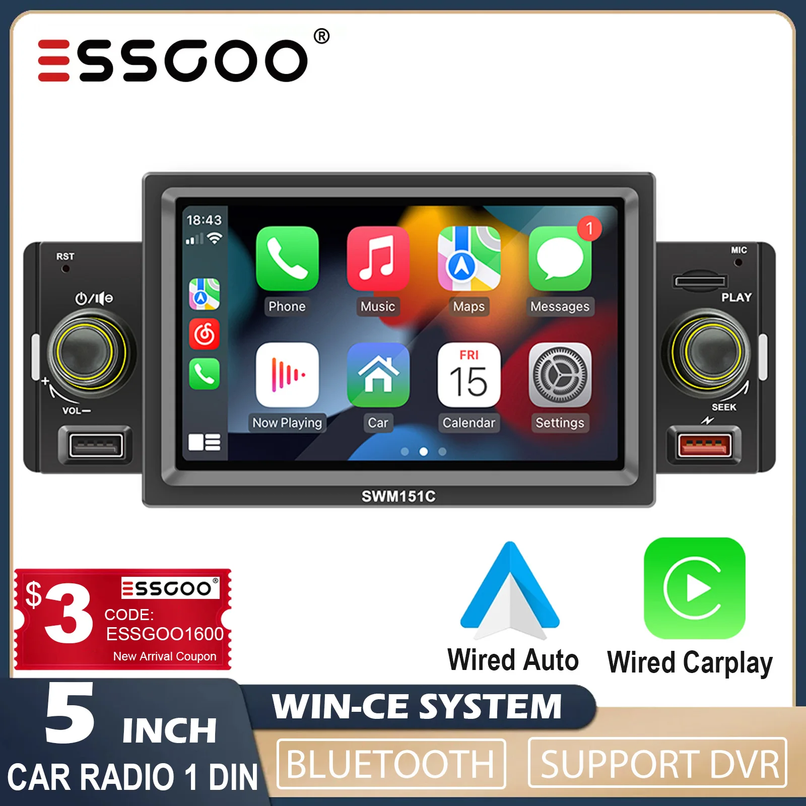 Essgoo Universal Car Radio 1 Din 5" Central Multimedia Mp5 Player Carplay Android Auto Car ...