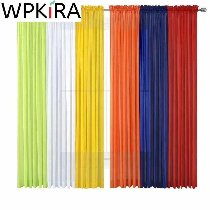 1 Pcs Rod Pocket Rainbow Curtain Pure Color Tulle Curtain For Living ...