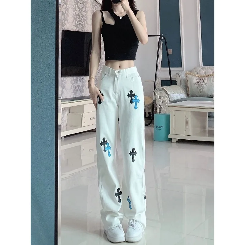 Ladies-Loose-Streetwear-Jeans-High-Street-Cross-Print-Design-Women-s ...