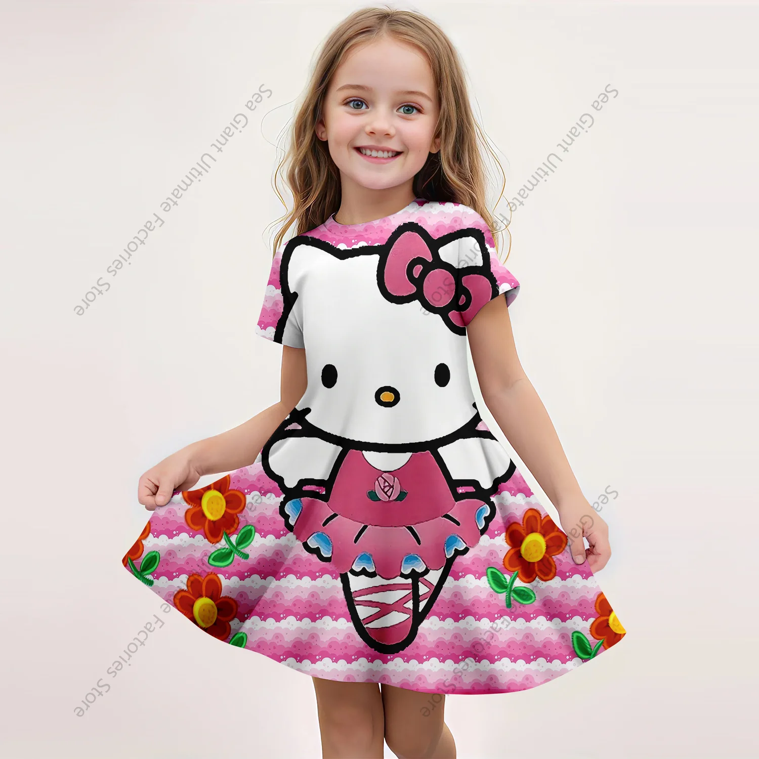 MINISO-Girls-Summer-Dress-Cartoon-Cute-Hello-Kitty-3D-Print-Dresses ...