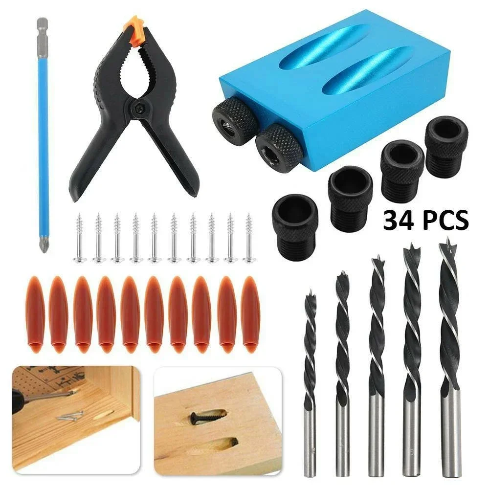 34Pcs-Pocket-Hole-Jig-Kit-15-Angled-Holes-Drilling-Positioner-Bits ...