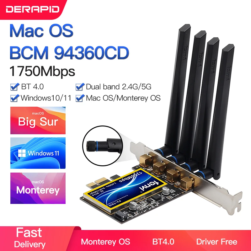 1750Mbps Fenvi T919 PCIe WiFi 카드 어댑터 BCM94360 For MacOS 매킨토시 블루투스, 4.0 ...