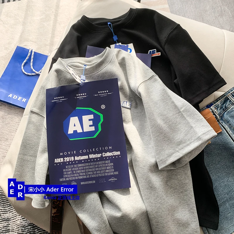 Ader Error 정품 반팔 AE 로고 루즈핏 올 매치 캐주얼 면 소재 남성 및 여성용, 커플 보터밍 티셔츠| | - AliExpress