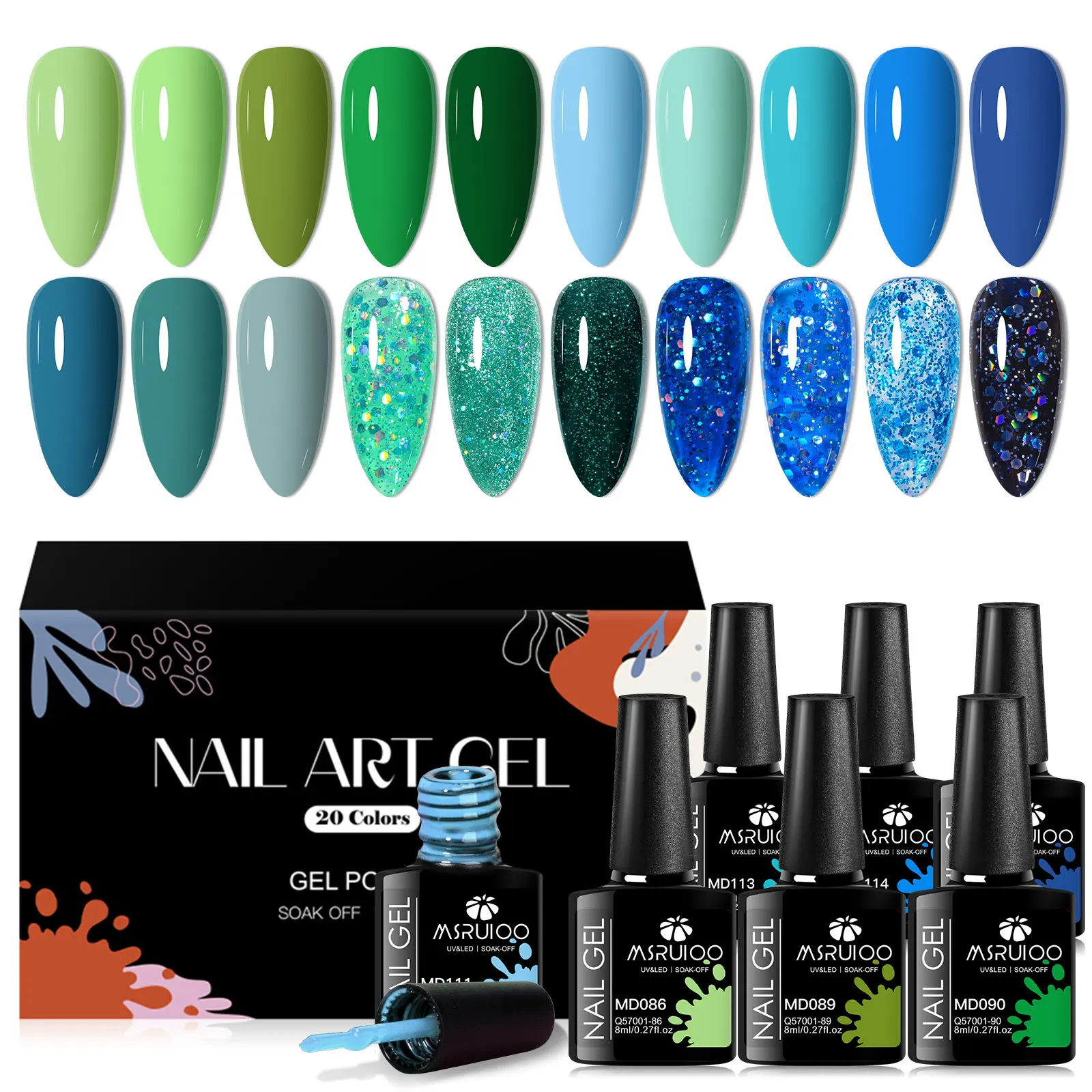 MSRUIOO-20Pcs-Set-Gel-Nail-Polish-Set-With-Box-Blue-Green-Nail-Art-Soak ...