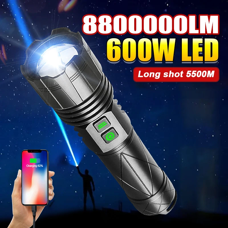 8800000LM-Most-Powerful-LED-Flashlight-High-Power-600W-USB-Rechargeable ...