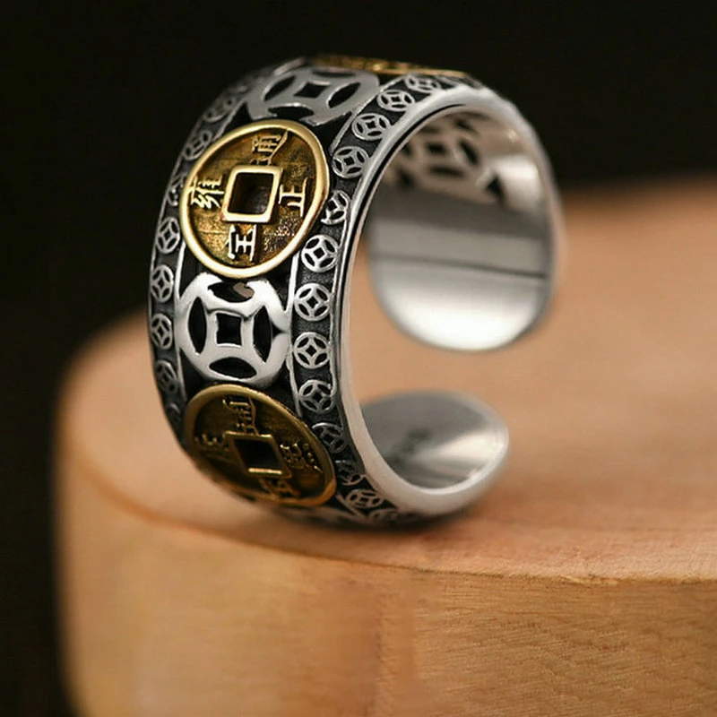 Vintage alloy Kim Tae yin Five Emperor Coin Open Ring Auspicious Ruyi ...