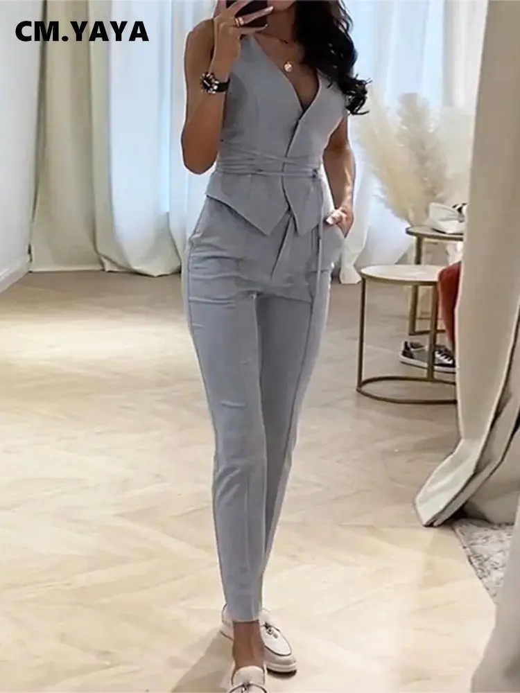 CM.YAYA Chic Women's Set V neck Lace Up Blaze Vest and Straight Pants ...