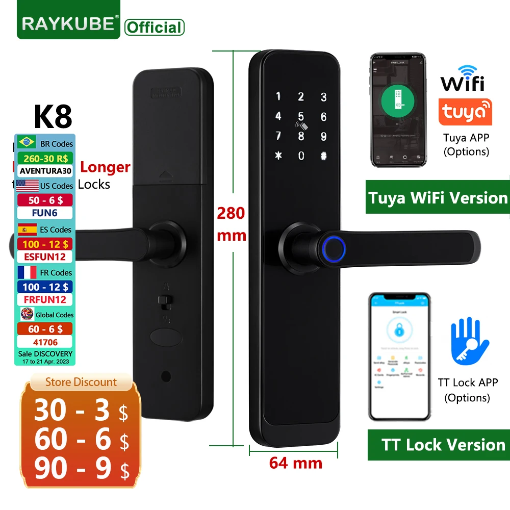 2023 NEW RAYKUBE K8 Tuya Wifi Smart Door Lock TT Lock Fingerprint Lock Digital Electric Lock ...