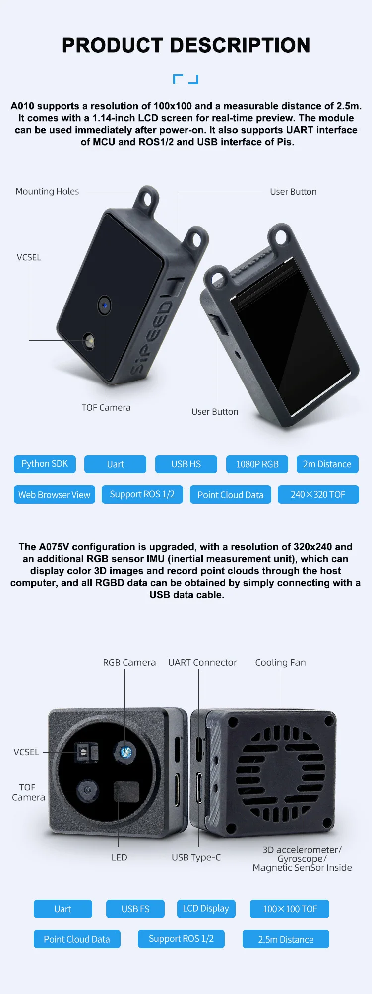 Sipeed MaixSense RGBD TOF 3D Depth Vision - MCU & MINI ROS Camera ...