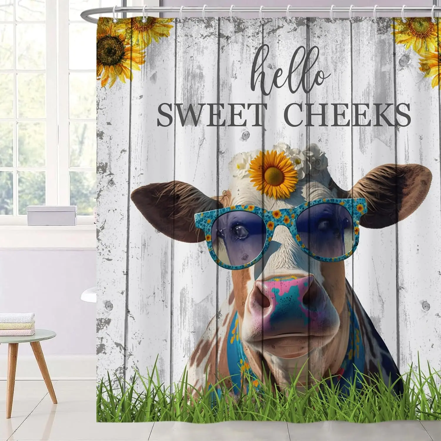 Farm Cow Shower Curtain Sweet Cheek Funny Cow with Sunflower Vintage ...