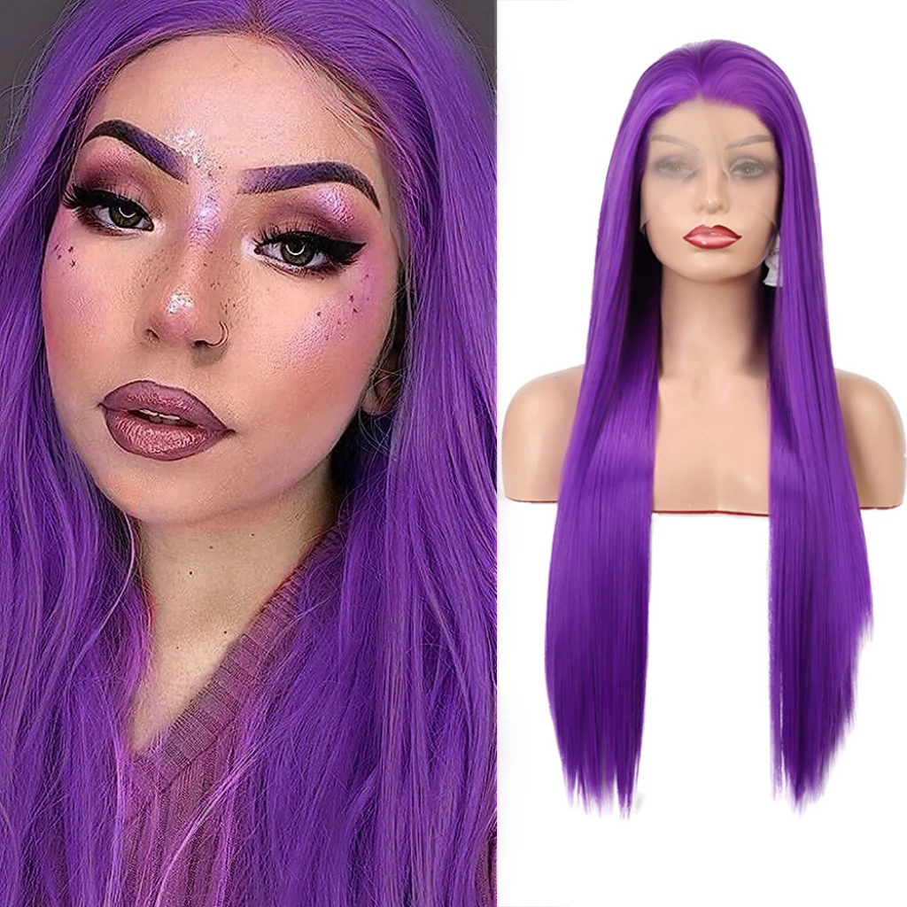 Bright Purple Wig Synthetic Purple Lace Front Wig Natural Glueless ...