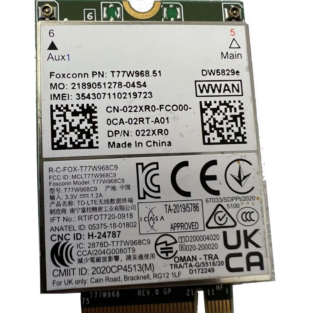 Dell Latitude T77W968.51 DW5829e Snapdragon X20 LTE 4G Card D172249 022XR0