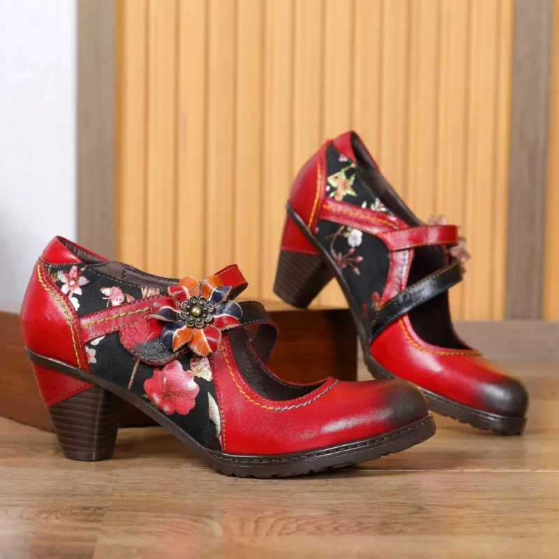 Johnature Genuine Leather Retro Flower Pumps Women Shoes 2026 Spring ...