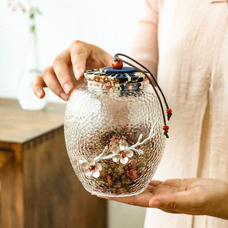 Glass Storage Jar With Flower Inlaid Sealed Moisture-Proof Home ...