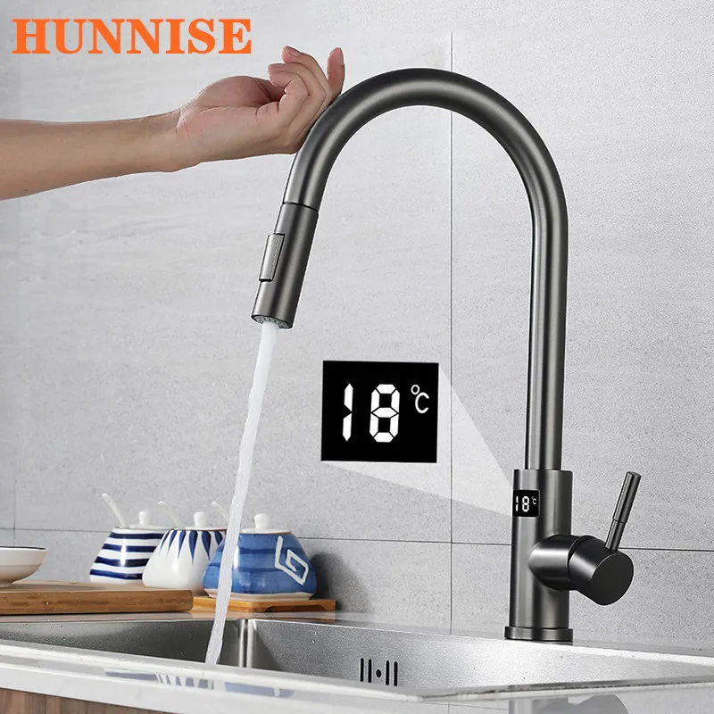 Grey-Digital-Touch-Kitchen-Faucets-with-Pull-Down-Sprayer-Hot-Cold-Pull ...