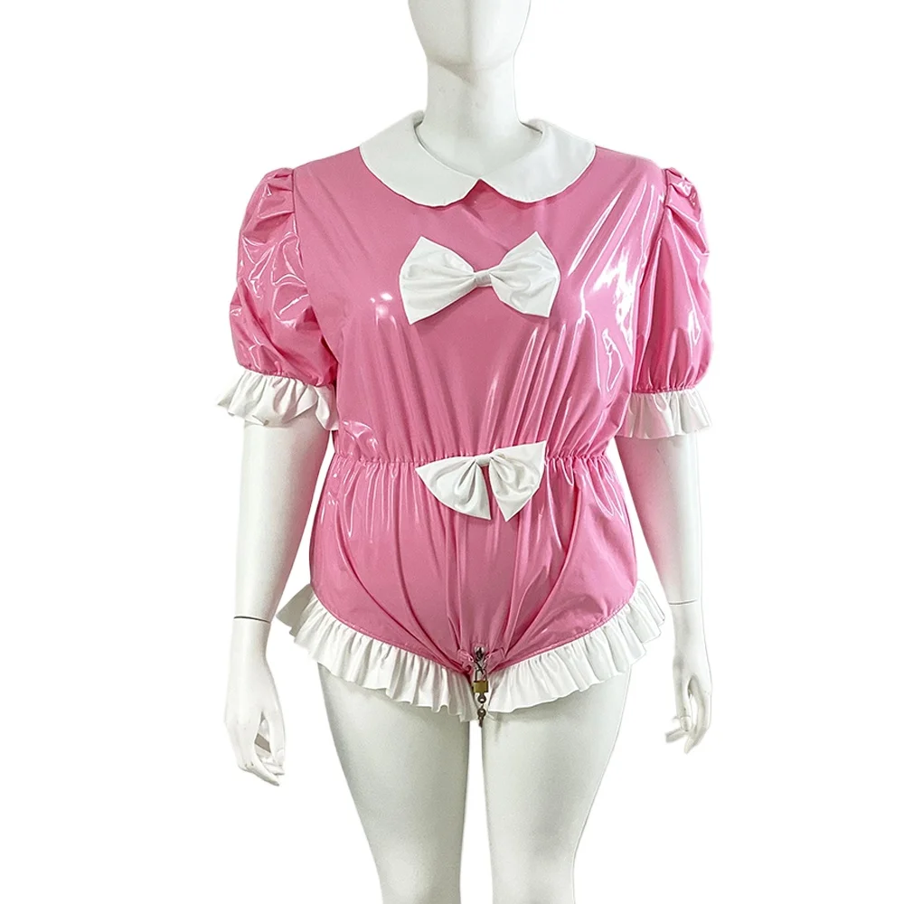 Plus-Size-Adult-Lockable-Rompers-Sissy-Wetlook-Short-Sleeve-Zipper-Open ...