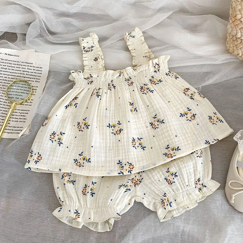 2024-New-Summer-Infant-Baby-Girls-Clothing-Set-Sleeveless-Cotton-Printed-T-shirt-Shorts-Korean ...