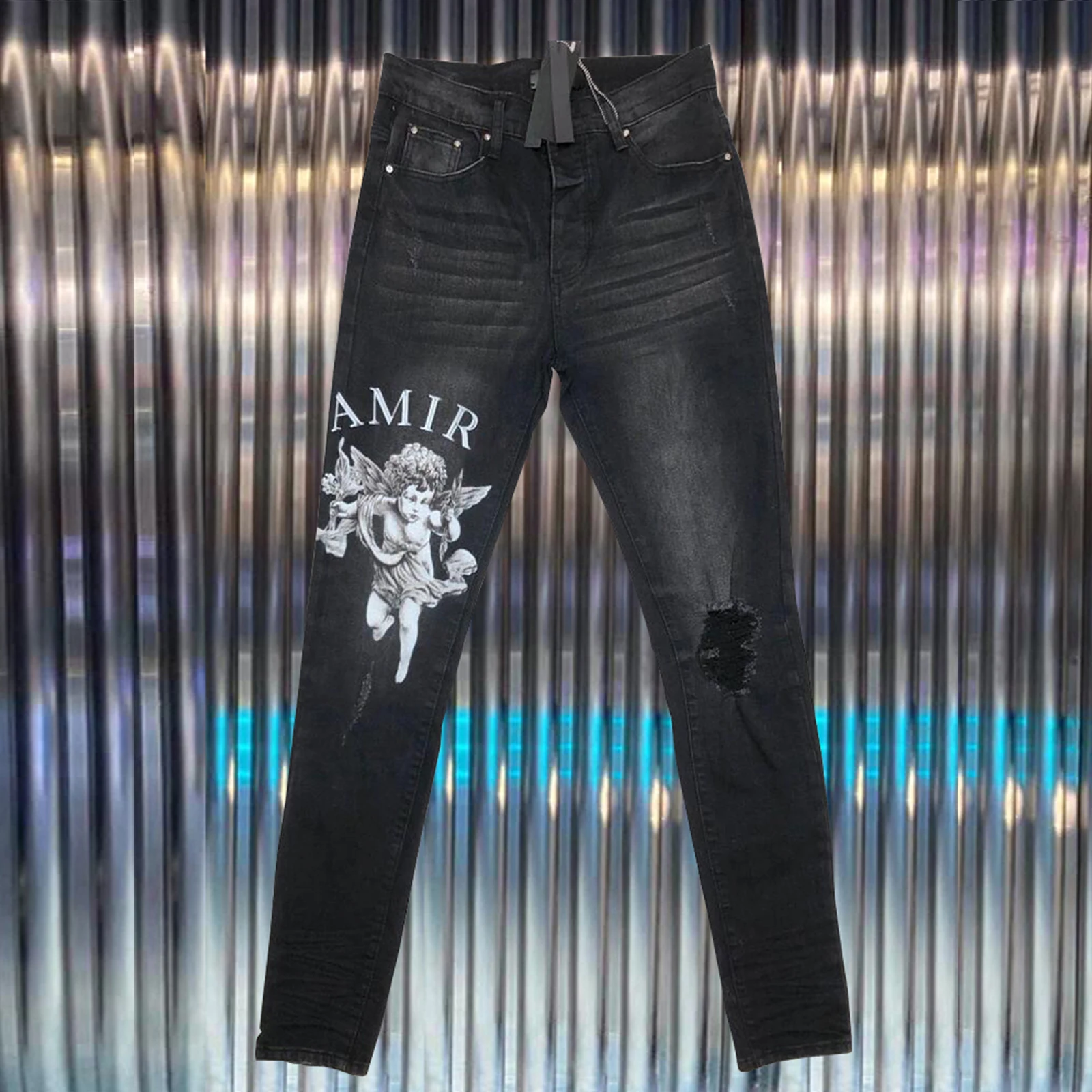 2021 Trend Letter Angel Printing Slim Jeans Hip Hop Jeans Men Los ...