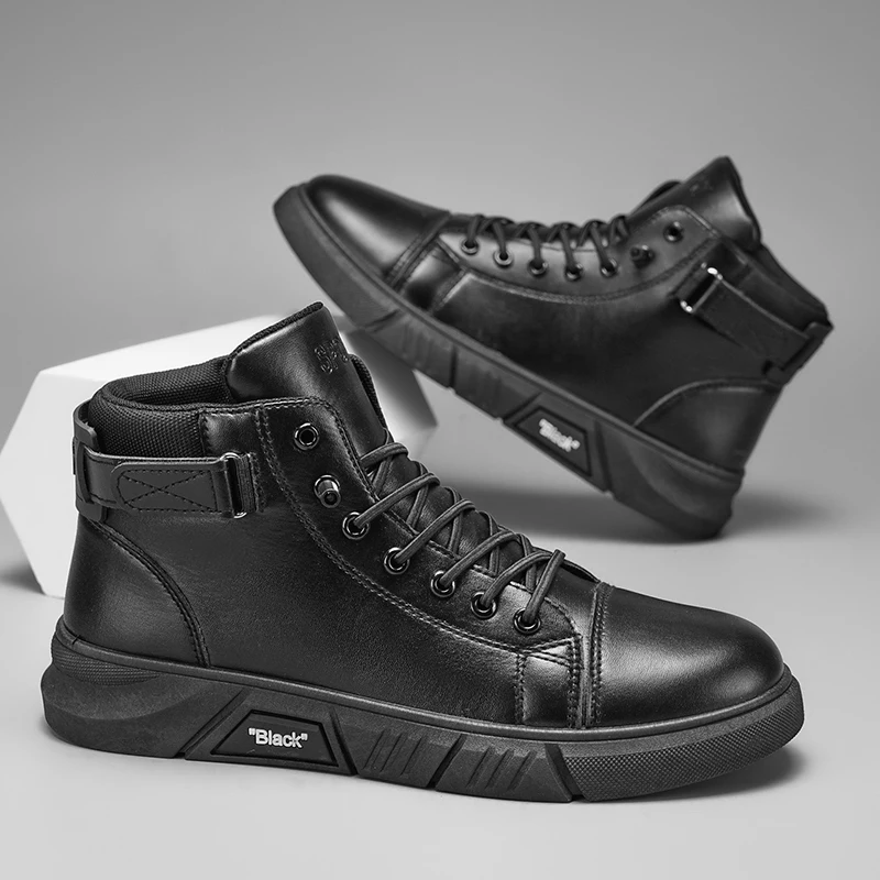 2026 Men's High Top Motorcycle Boots Fashion Black Leather Boots New ...