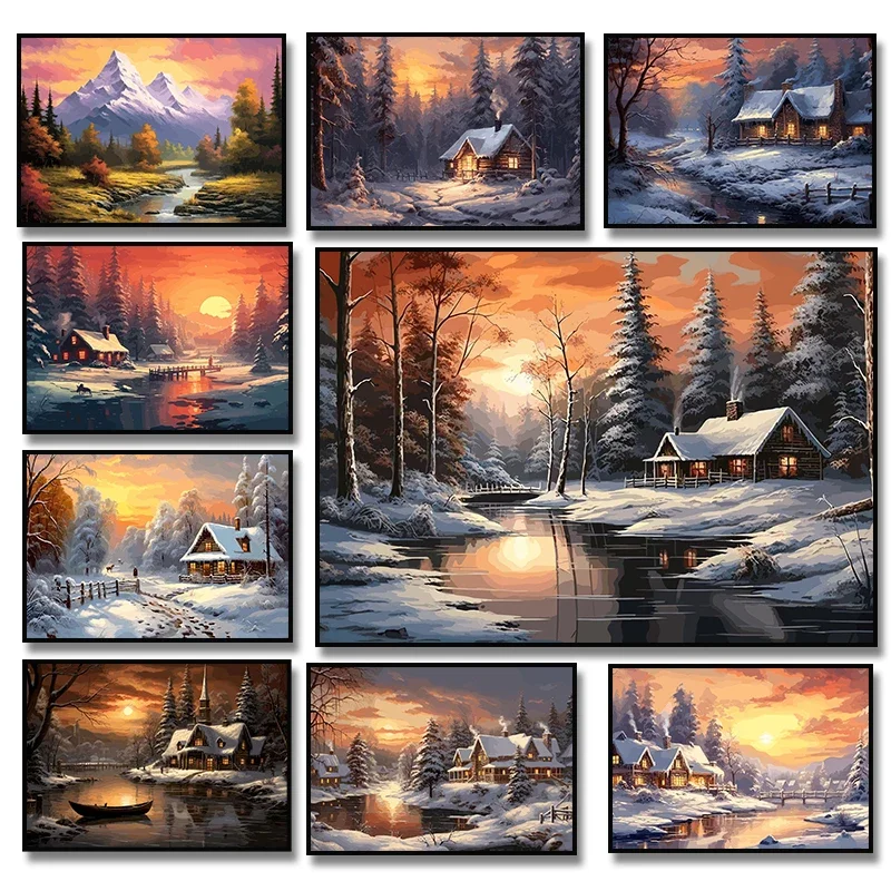 Winter Lake Mountain Farmhouse Snow Tree Wall Art Canvas Painting Print ...