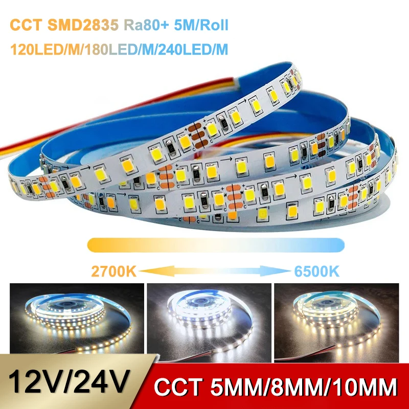Alto brillo 5M CCT 2700k-6500k regulable 12V 24V 5mm 8mm 10mm SMD2835 ...
