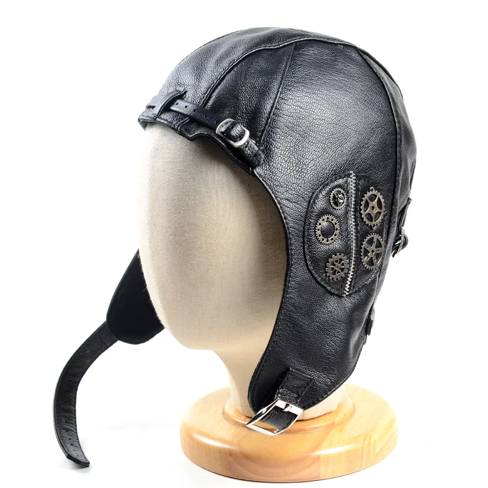 Men-s-Genuine-Leather-Sheep-Skin-Aviator-Helmet-Motorcycle-Pilot-Cap ...