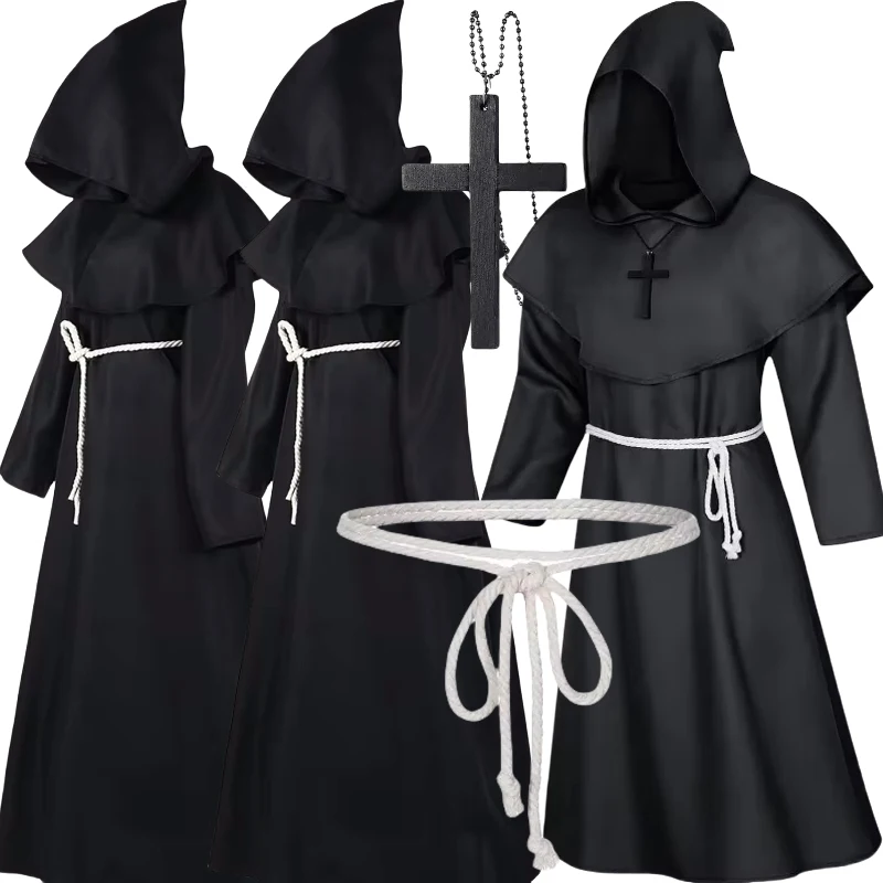 Friar-Medieval-Monk-Long-Cloak-Priest-Knight-Robe-Cross-Necklace-Belt ...